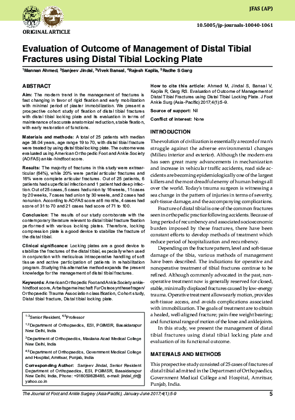 (PDF) Evaluation of Outcome of Management of Distal Tibial Fractures using Distal Tibial Locking ...