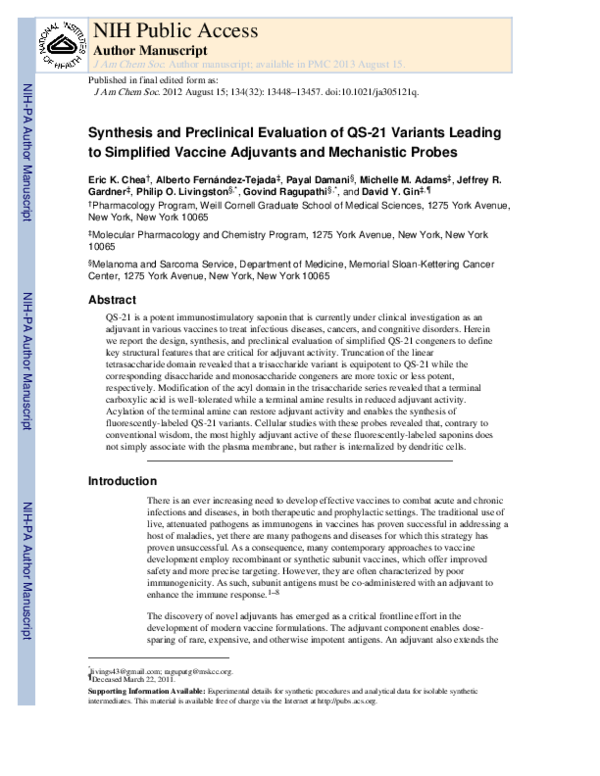 (PDF) Synthesis and Preclinical Evaluation of QS-21 Variants Leading to ...