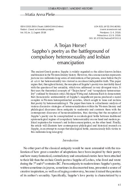 (PDF) A Trojan Horse? Sappho’s poetry as the battleground of compulsory ...