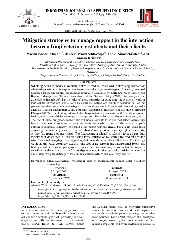 (PDF) Mitigation strategies to manage rapport in the interaction between Iraqi veterinary ...