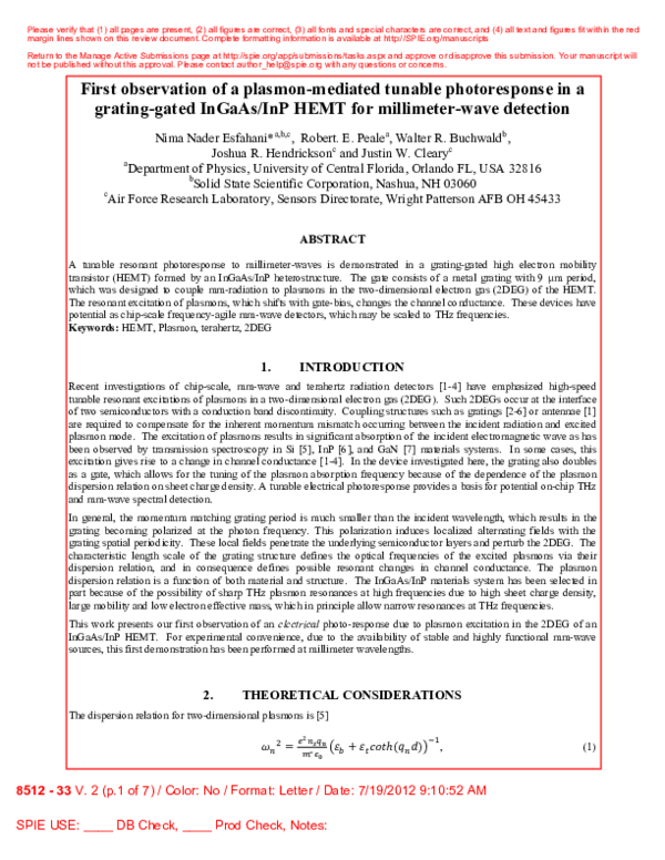 (PDF) First observation of a plasmon-mediated tunable photoresponse in ...