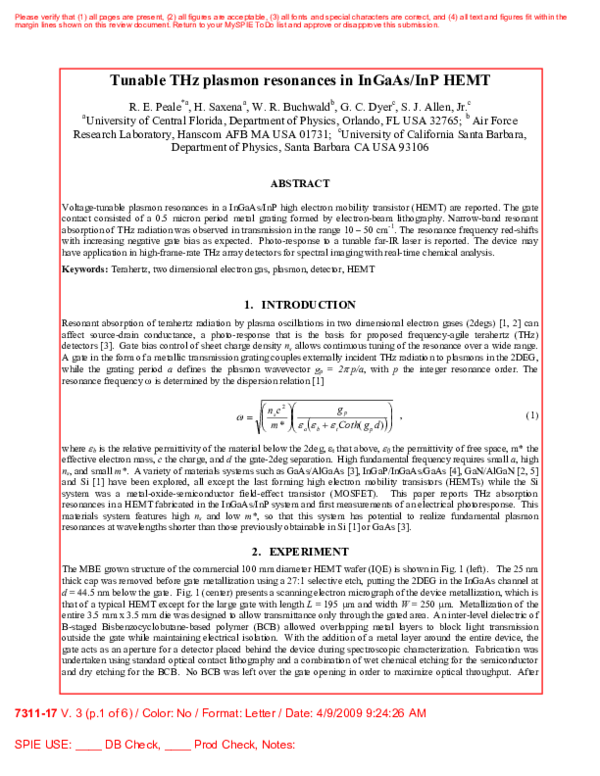 (PDF) Tunable THz plasmon resonances in InGaAs/InP HEMT | Walter ...