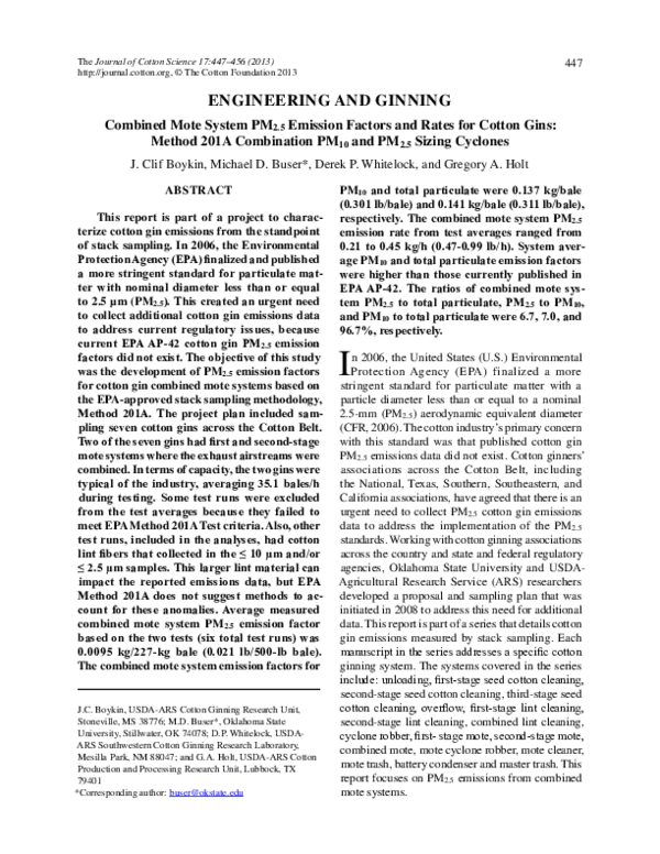 (PDF) ENGINEERING AND GINNING Combined Mote System PM10 Emission ...