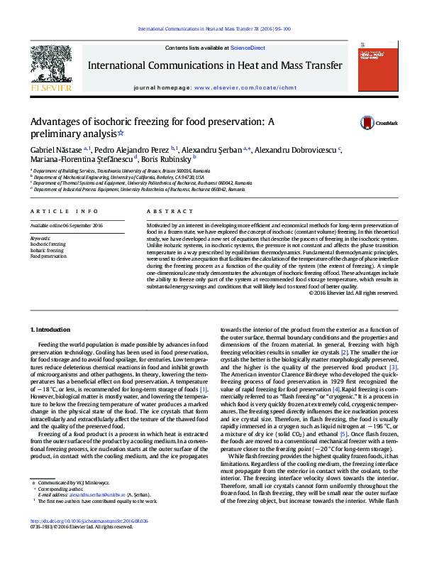 (PDF) Advantages of isochoric freezing for food preservation: A ...