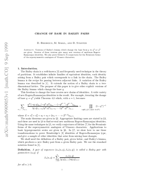 (PDF) Change of base in Bailey pairs