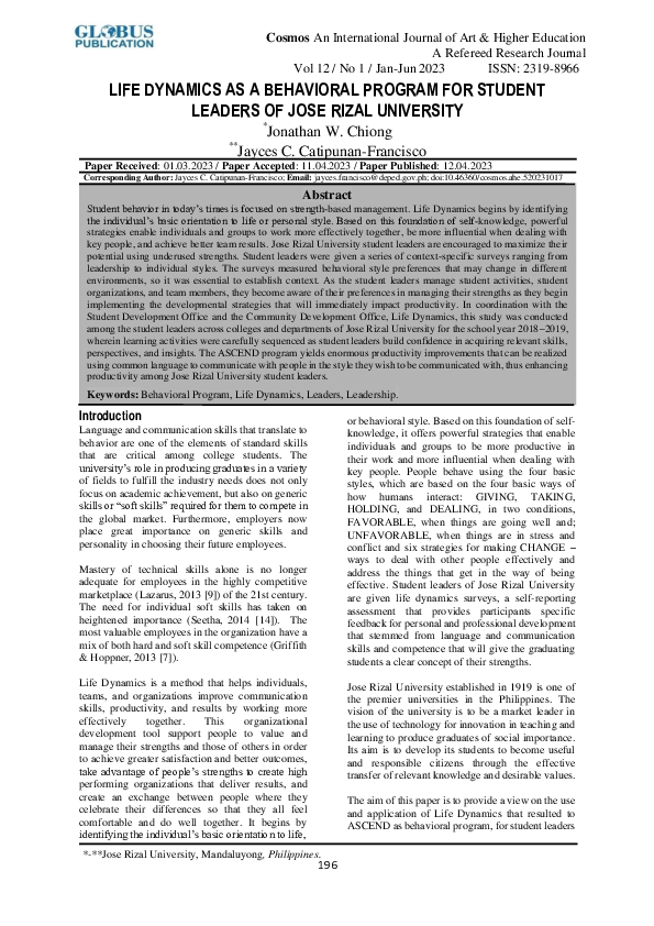 (PDF) Life Dynamics as a Behavioral Program for Student Leaders of Jose ...