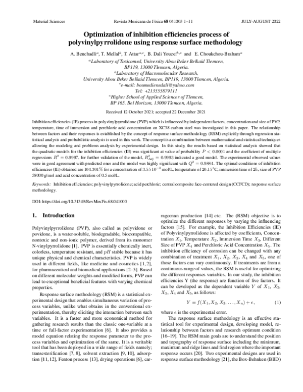 (PDF) Optimization of inhibition efficiencies process of polyvinylpyrrolidone using response ...