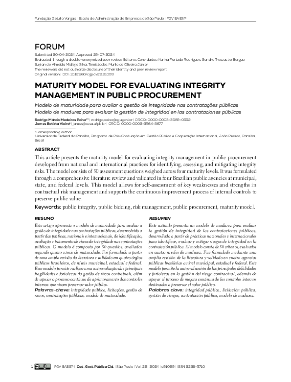 (PDF) MATURITY MODEL FOR EVALUATING INTEGRITY MANAGEMENT IN PUBLIC ...