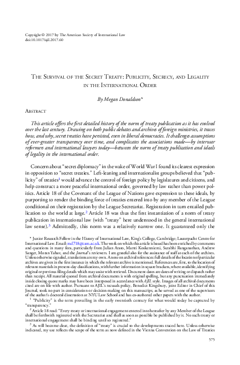(PDF) The Survival of the Secret Treaty: Publicity, Secrecy, and ...