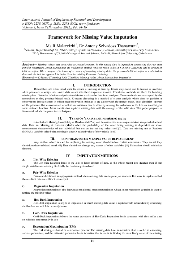 (PDF) A Framework for Missing Value Imputation