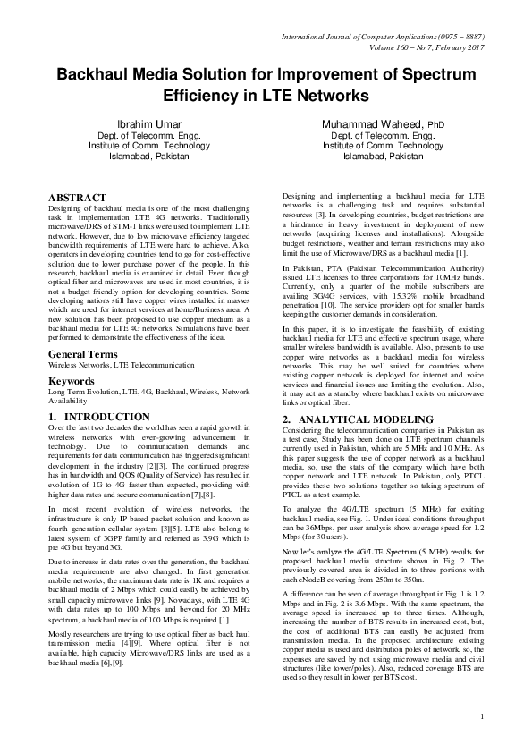 (PDF) Backhaul Media Solution for Improvement of Spectrum Efficiency in LTE Networks