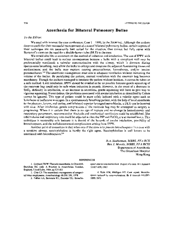 (PDF) Anesthesia for bilateral pulmonary bullae