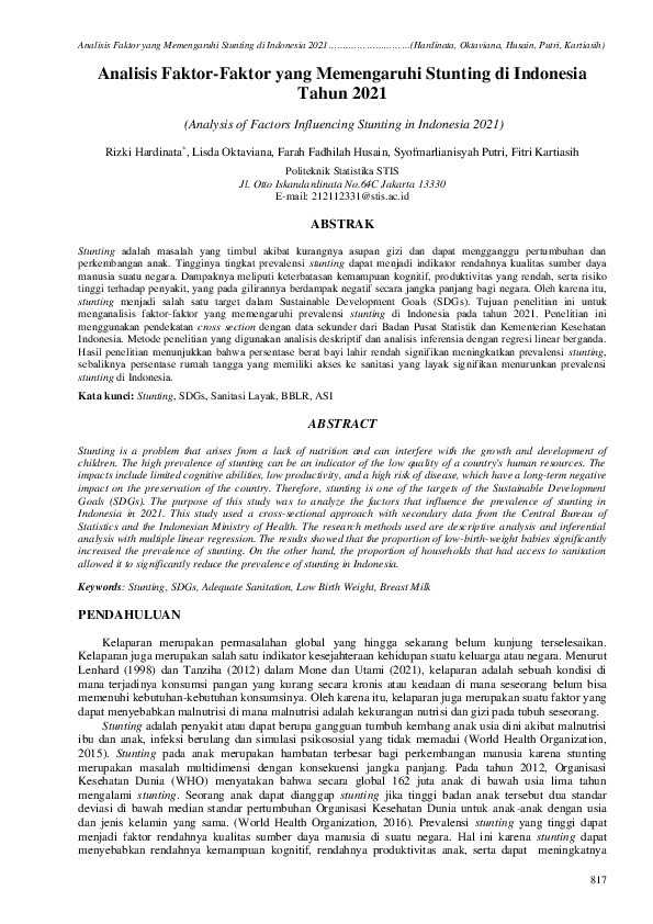 (PDF) Analisis Faktor-Faktor yang Memengaruhi Stunting di Indonesia Tahun 2021
