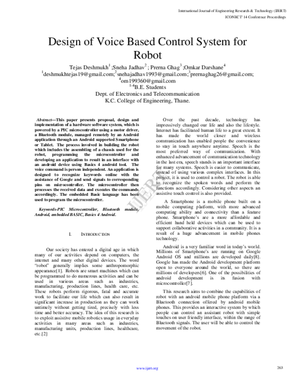 (PDF) Design of Voice Based Control System for Robot