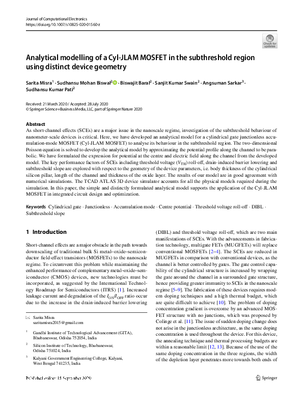 (PDF) Analytical modelling of a Cyl-JLAM MOSFET in the subthreshold ...