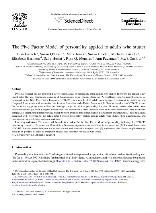(PDF) The Five Factor Model of personality applied to adults who stutter