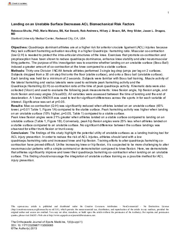 (PDF) Landing on an Unstable Surface Decreases ACL Biomechanical Risk ...