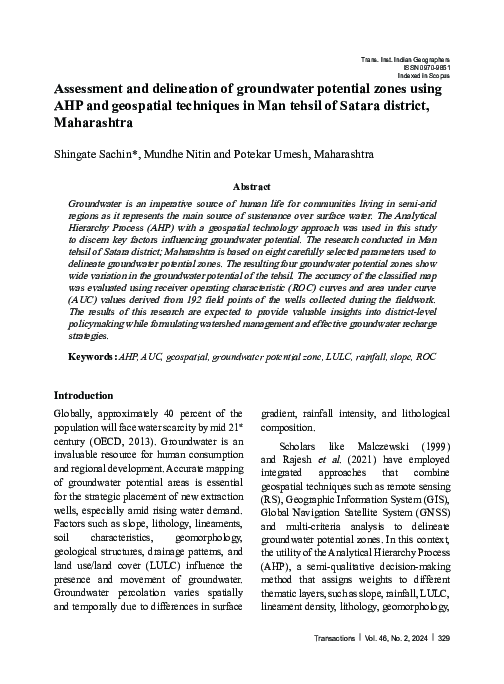 Pdf Assessment And Delineation Of Groundwater Potential Zones Using Ahp And Geospatial
