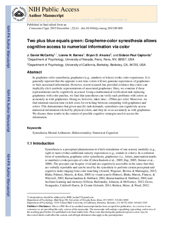 (PDF) Two plus blue equals green: Grapheme-color synesthesia allows ...