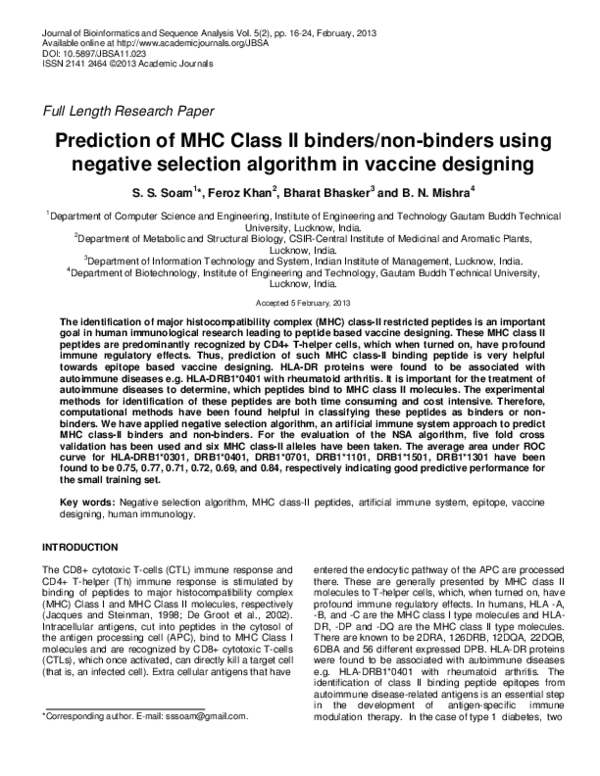 (PDF) Prediction of MHC Class II binders/non-binders using negative selection algorithm in ...