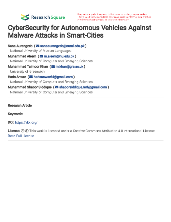 (PDF) CyberSecurity for Autonomous Vehicles Against Malware Attacks in ...