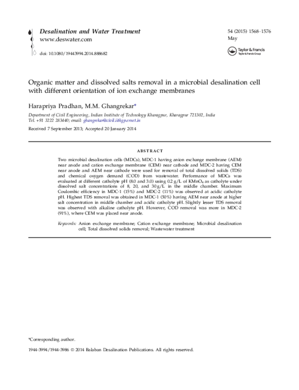 (PDF) Organic matter and dissolved salts removal in a microbial desalination cell with different ...