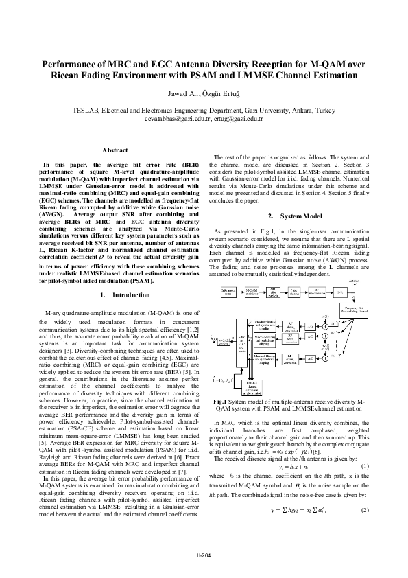 (PDF) Antenna Diversity Gains in M-QAM over Ricean Fading