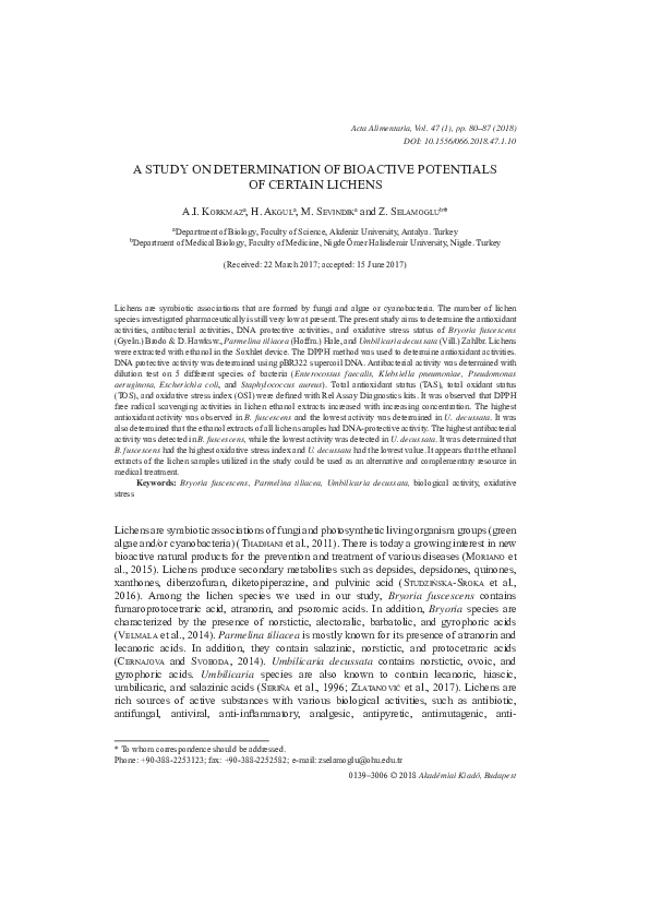 (PDF) Study on determination of bioactive potentials of certain lichens