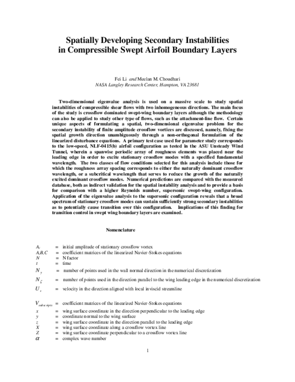 (PDF) Spatially developing secondary instabilities in compressible swept airfoil boundary layers