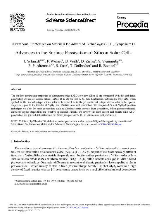 (PDF) Advances in the Surface Passivation of Silicon Solar Cells
