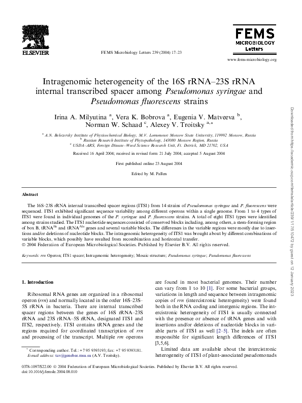(PDF) Intragenomic Variability of 16S-23S rRNA in Pseudomonas
