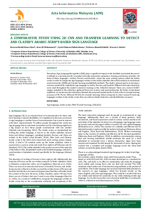 (PDF) A Comparative Study Using 2D CNN and Transfer Learning to Detect and Classify Arabic ...
