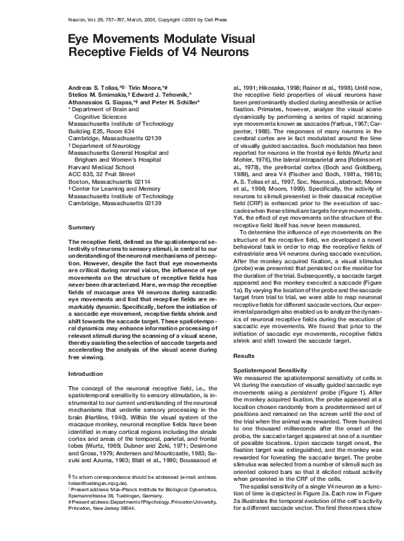 (PDF) Eye Movements Modulate Visual Receptive Fields of V4 Neurons | Edward Tehovnik - Academia.edu