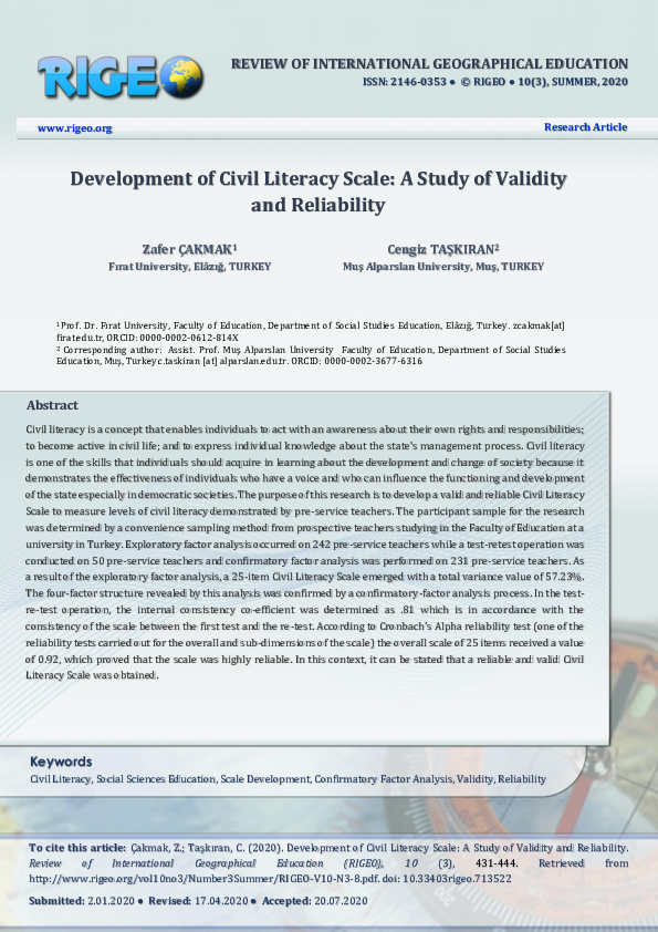 (PDF) Development of Civil Literacy Scale: A Study of Validity and ...