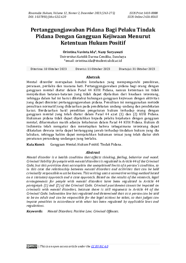 (PDF) Pertanggungjawaban Pidana Bagi Pelaku Tindak Pidana Dengan Gangguan Kejiwaan Menurut ...