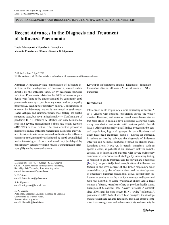 (PDF) Recent Advances in the Diagnosis and Treatment of Influenza Pneumonia