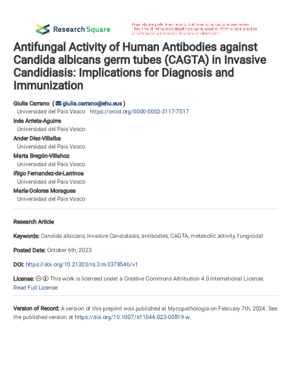 (PDF) Antibodies Against C. albicans Germ Tubes in Invasive Candidiasis