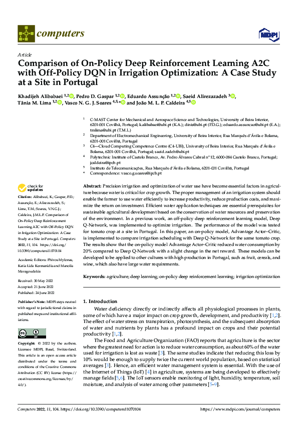 (PDF) A2C vs DQN for Irrigation Optimization