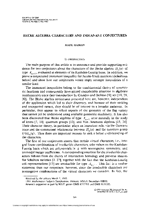 (PDF) Hecke algebra characters and immanant conjectures