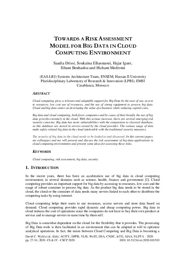 (PDF) Towards a Risk Assessment Model for Big Data in Cloud Computing Environment