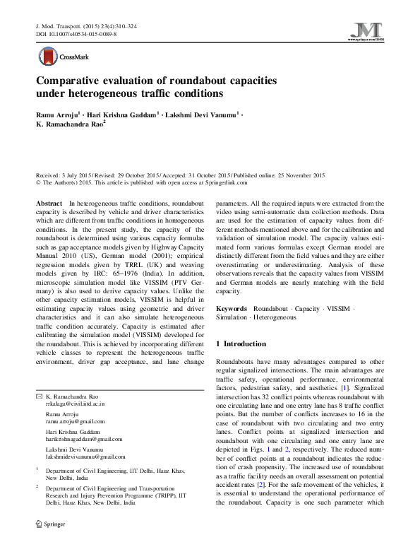 (PDF) Comparative evaluation of roundabout capacities under heterogeneous traffic conditions