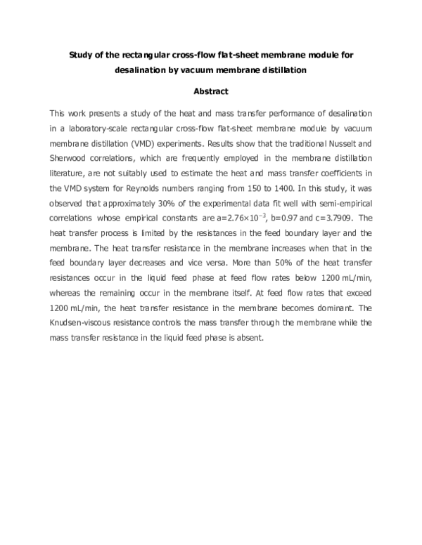 (PDF) Study of the rectangular cross-flow flat-sheet membrane module ...