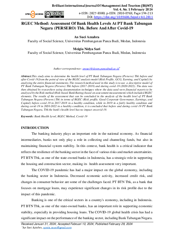 (PDF) RGEC Method: Assessment Of Bank Health Levels At PT Bank Tabungan ...