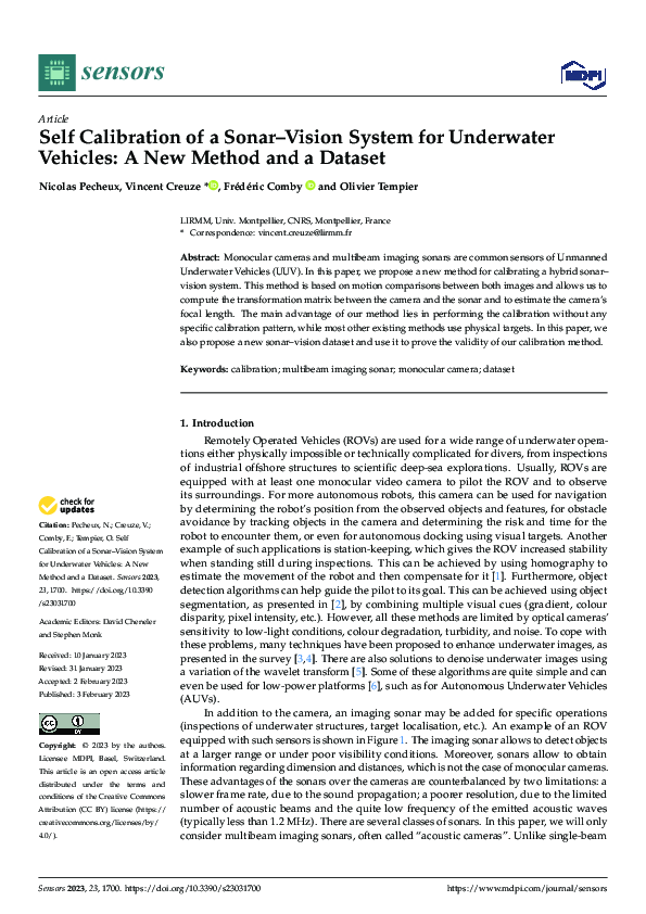 (PDF) Self Calibration of a Sonar–Vision System for Underwater Vehicles ...