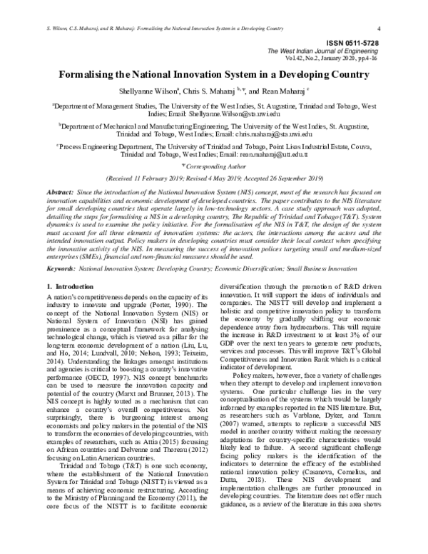 (PDF) Formalising the National Innovation System in a Developing Country | Chris Maharaj ...
