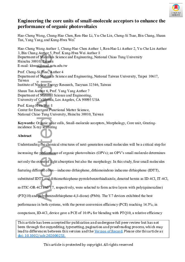 (PDF) Engineering the Core Units of Small‐Molecule Acceptors to Enhance ...