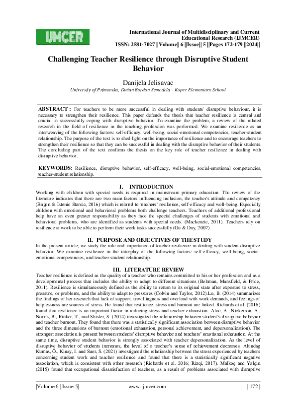 (PDF) Challenging Teacher Resilience through Disruptive Student Behavior