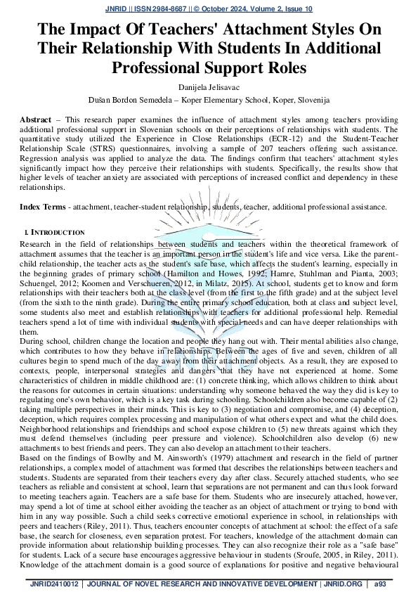 (PDF) The Impact Of Teachers' Attachment Styles On Their Relationship ...