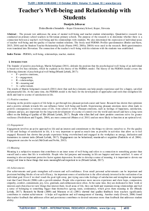 (PDF) Teacher's Well-being and Relationship with Students