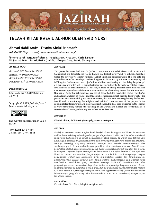 (PDF) Telaah Kitab Rasail Al-Nur Oleh Said Nursi